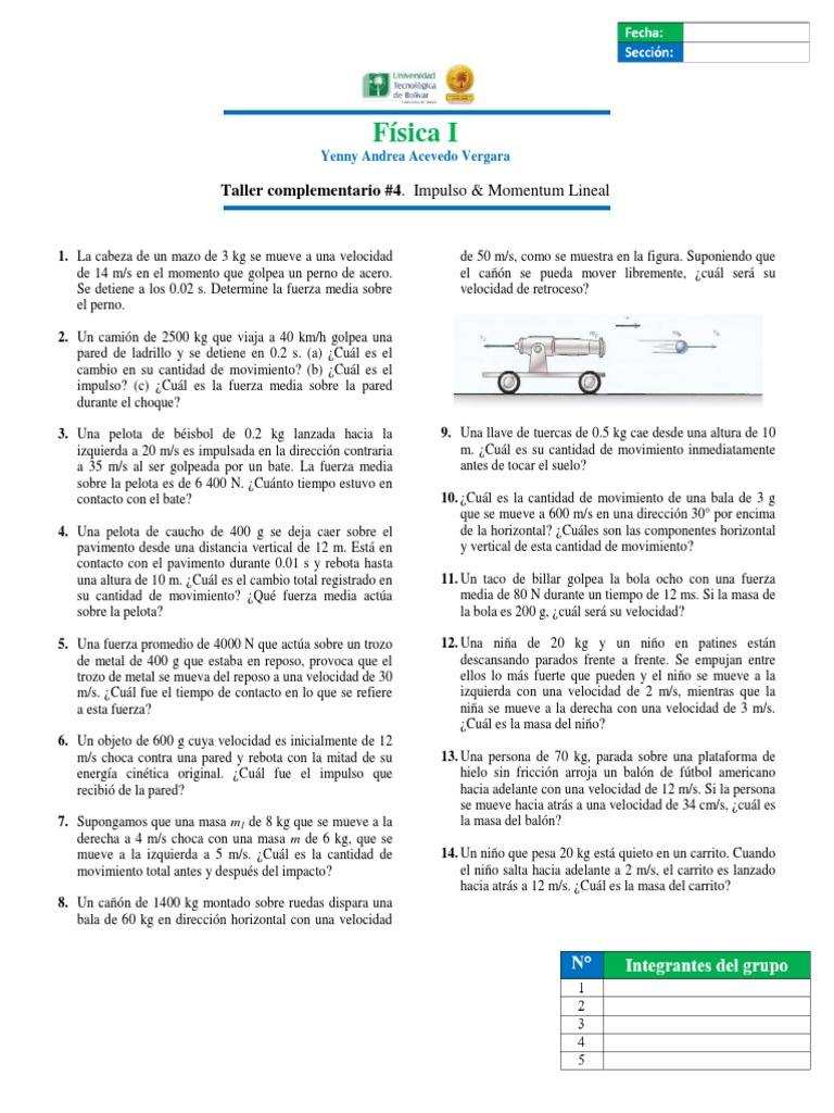 Taller Complementario #4. Impulso Momentum Lineal | PDF | Munición | Masa