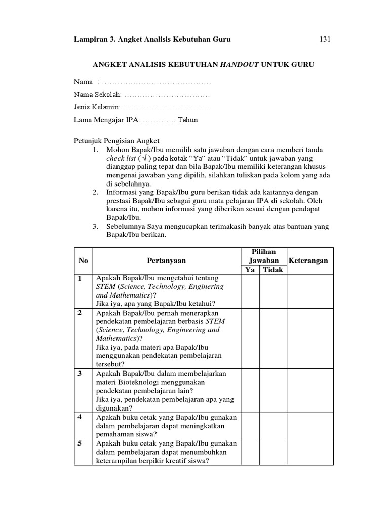 Angket Analisis Kebutuhan Guru | PDF