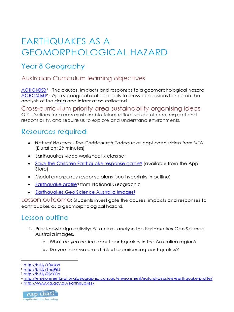 Earthquakes As A Geomorphological Hazard - Lesson Plan | PDF ...