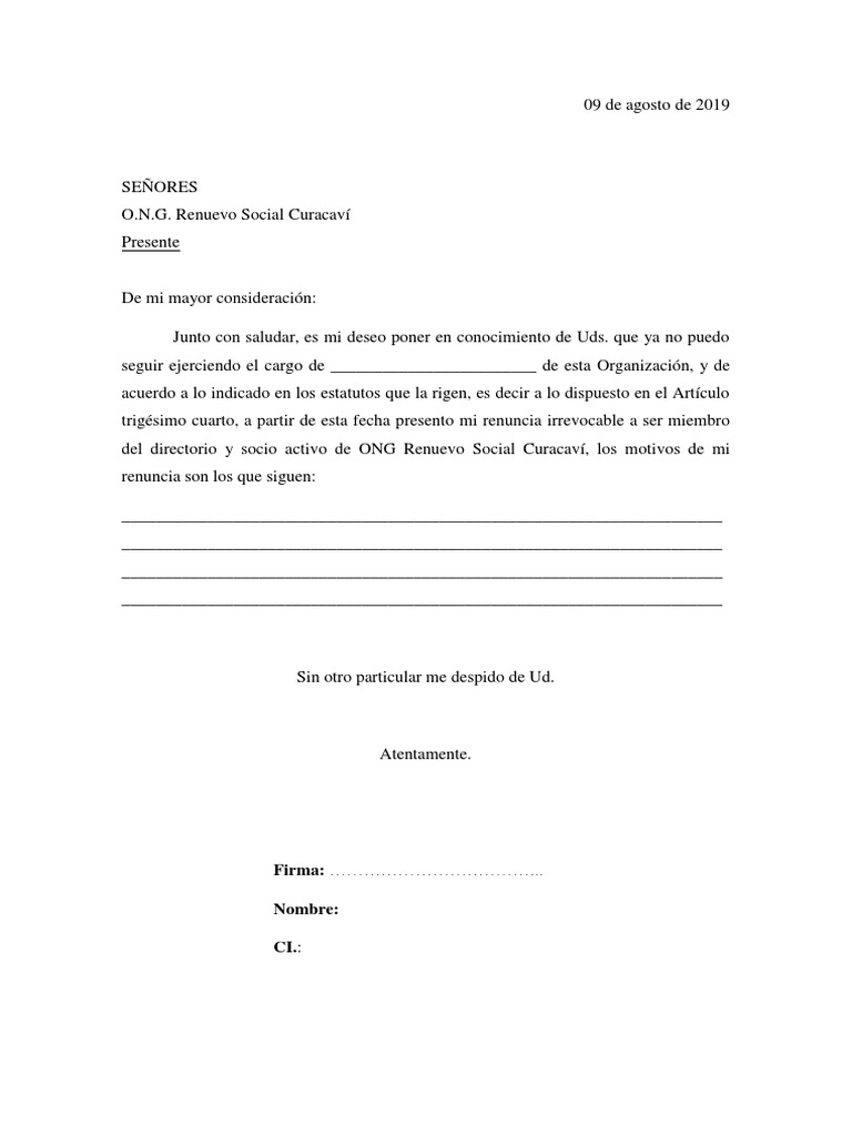 Carta De Renuncia De Una Asociacion