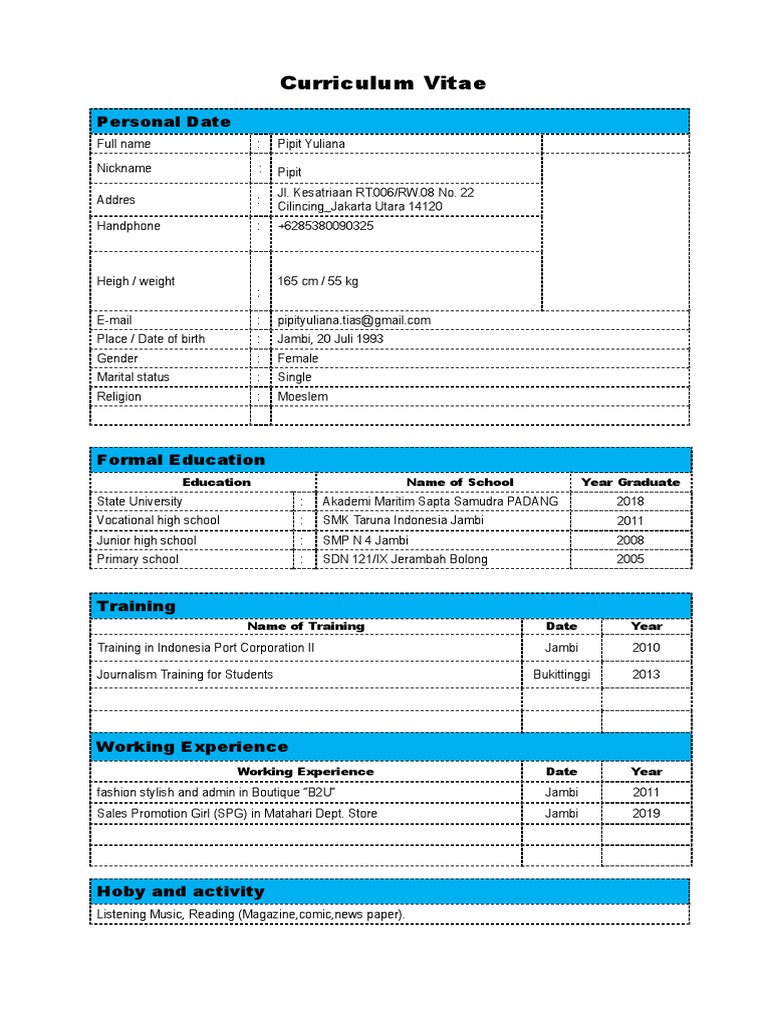 CV Pipit Yuliana's Personal and Education Details | PDF