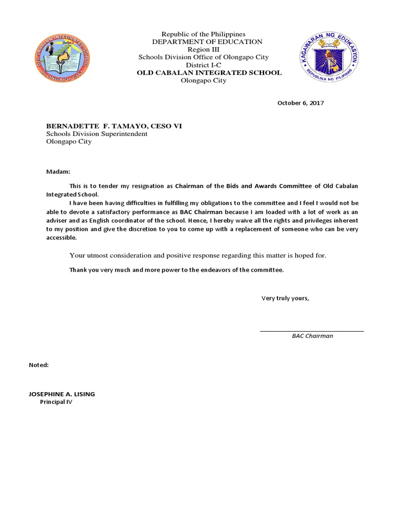 RESIGNATION LETTER AS BAC CHAIRMAN