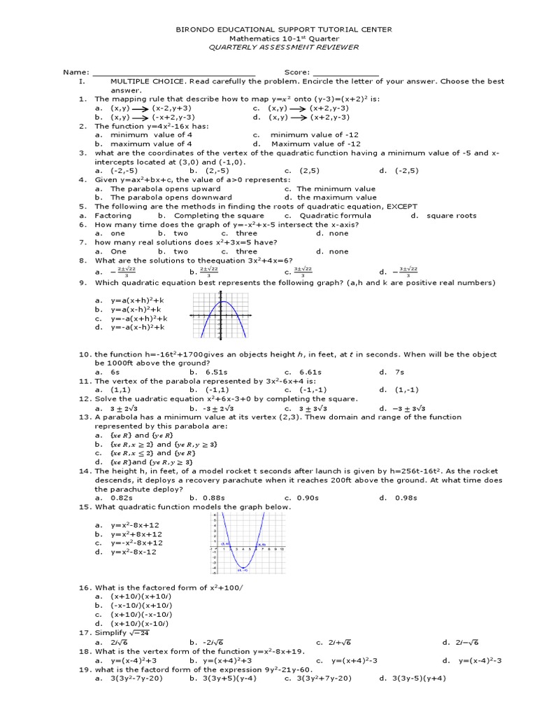 Grade 10 Quadratics Assessment Review | PDF | Quadratic Equation ...