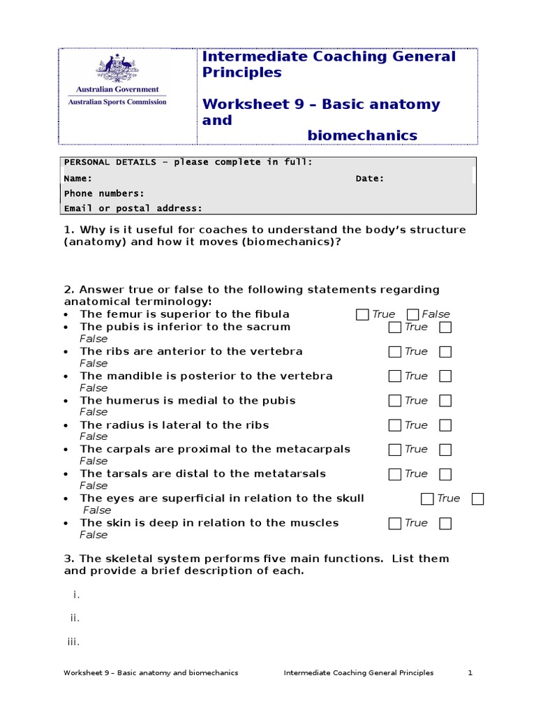 Biomechanics Worksheet | PDF | Anatomical Terms Of Location ...