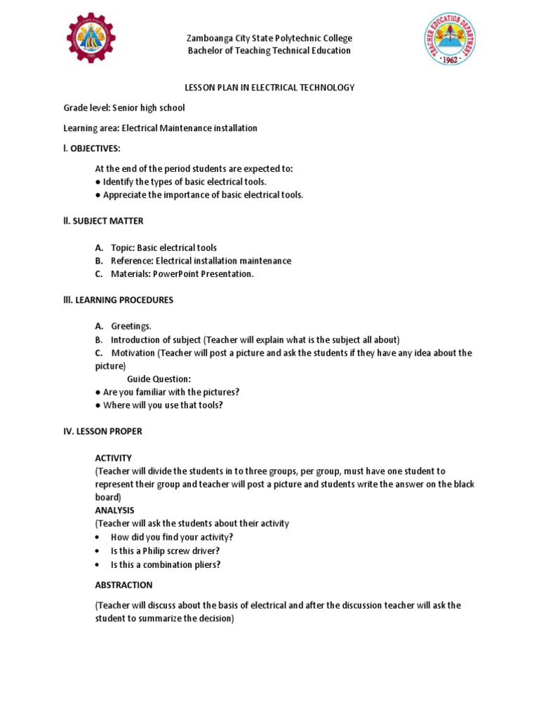 Lesson Plan in Electrical Technology | PDF | Screw | Tools