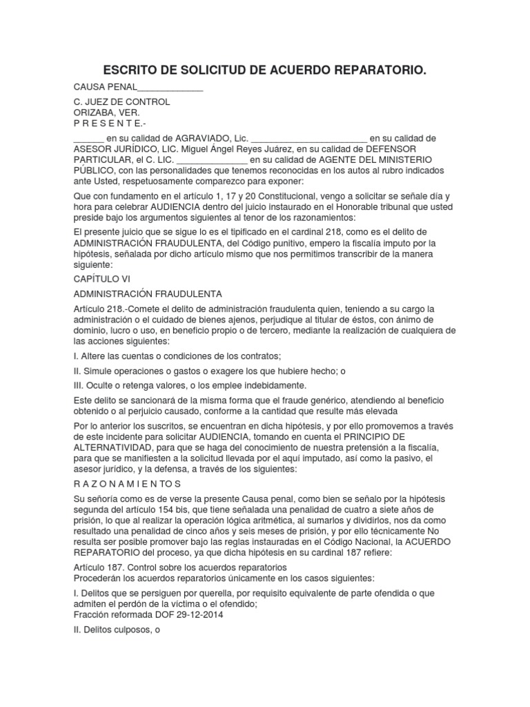 Escrito de Solicitud de Acuerdo Reparatorio | PDF | Debido al proceso ... Escrito de Solicitud de Acuerdo Reparatorio | PDF | Debido al proceso ...
