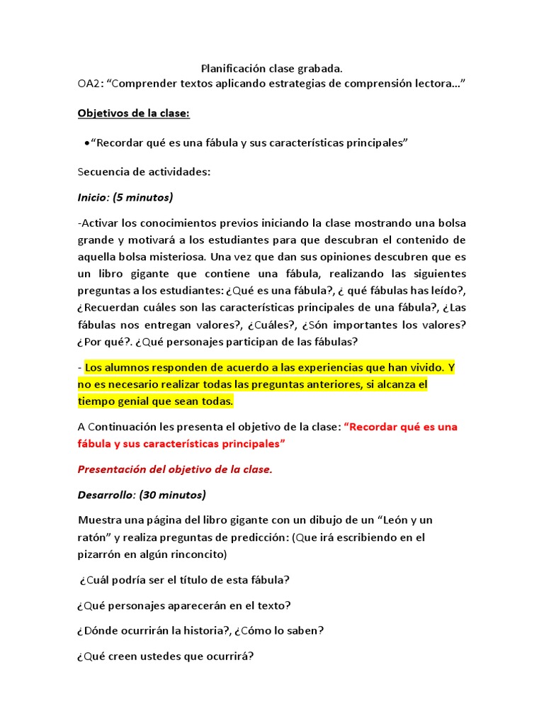 Planificacion Clase Grabada La Fabula | PDF | Fábula | Aprendizaje