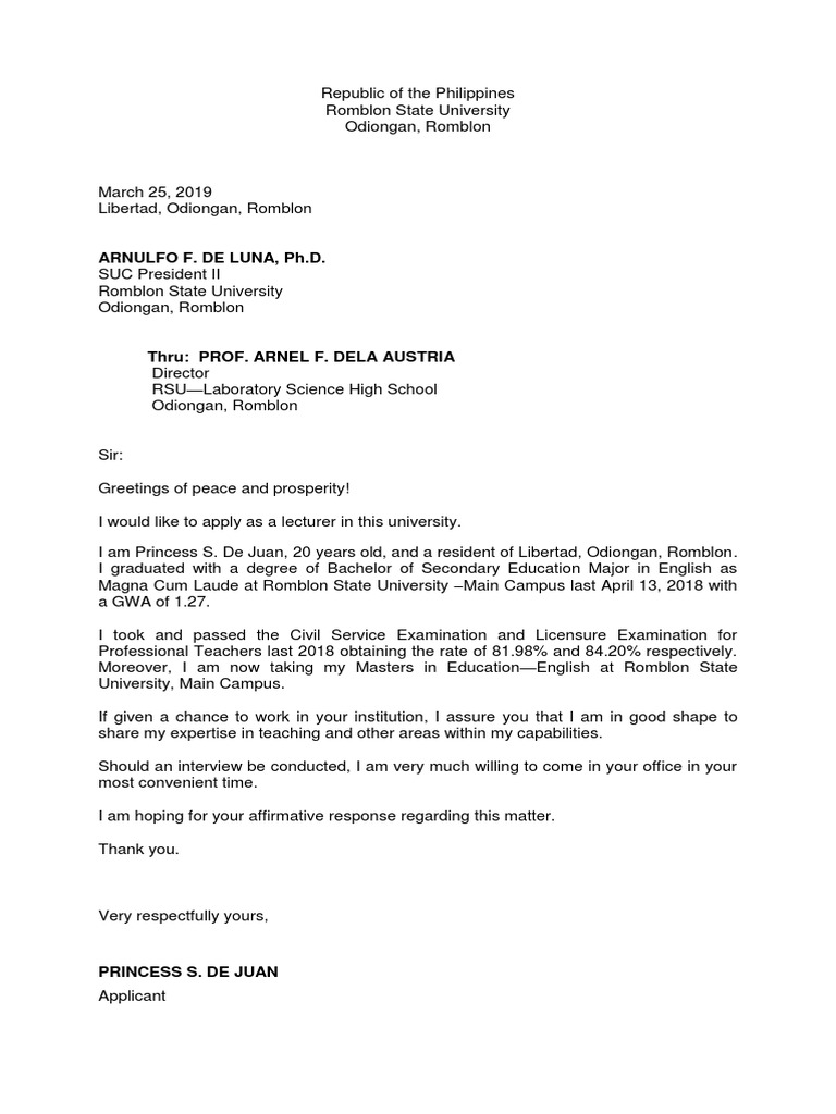 RSU Job Application Letter for English Lecturer Position Less Than 40 ...