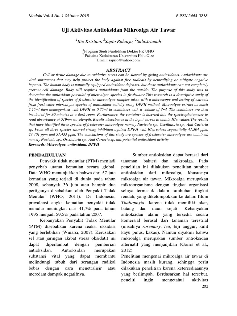 Uji Aktivitas Antioksidan Mikroalga Air Tawar: Rio Kristian, Sapto ...