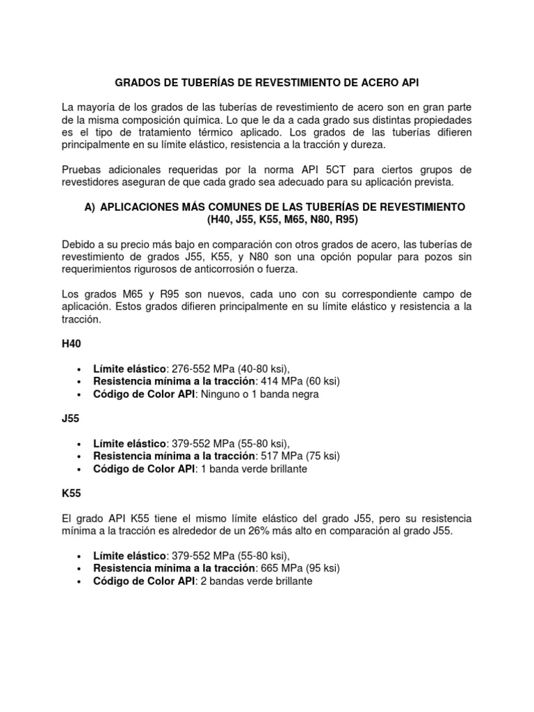 Grados de Tuberías de Revestimiento de Acero API | PDF | Acero ...