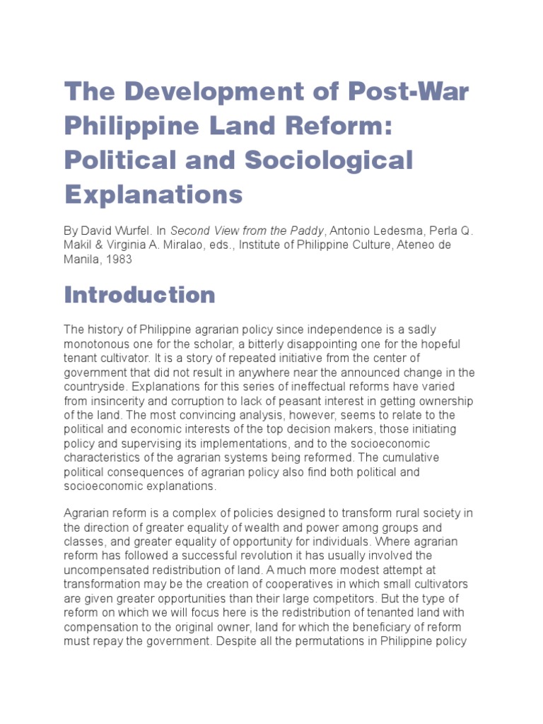 Development of Post War Philippine Land Reform Political and ...