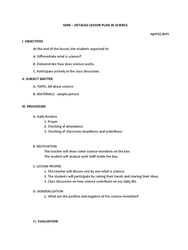 Semi - Detaled Lesson Plan in Science: April 02,2019 | PDF