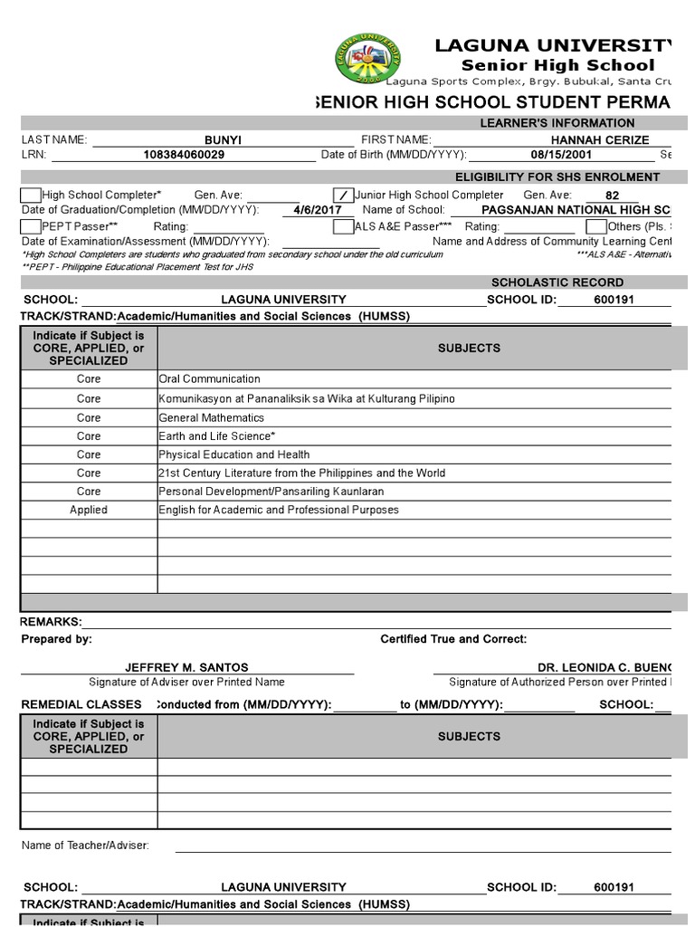 Senior High School Student Permanent Record: Laguna University | PDF ...