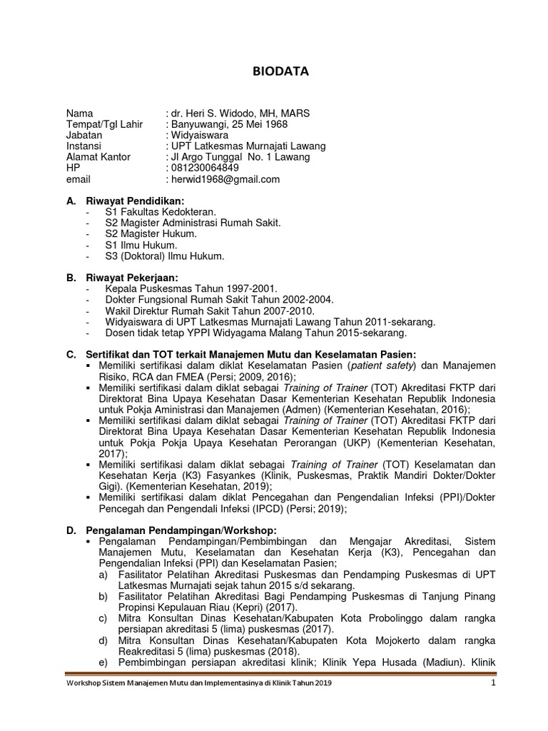 CV. Dr. Heri S. Widodo, MH, MARS | PDF