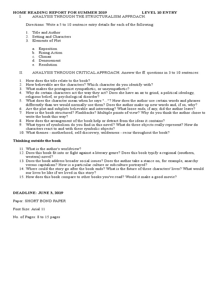 Home Reading Report Guide | PDF | Plot (Narrative) | Books