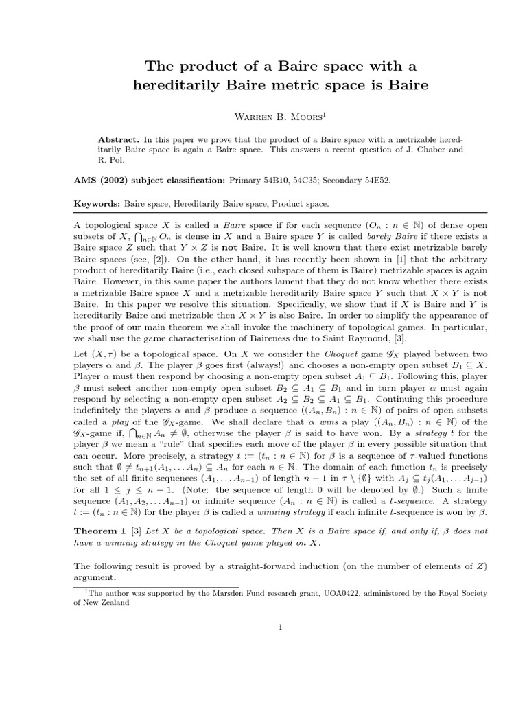 The Product of A Baire Space With A Hereditarily Baire Metric Space Is ...