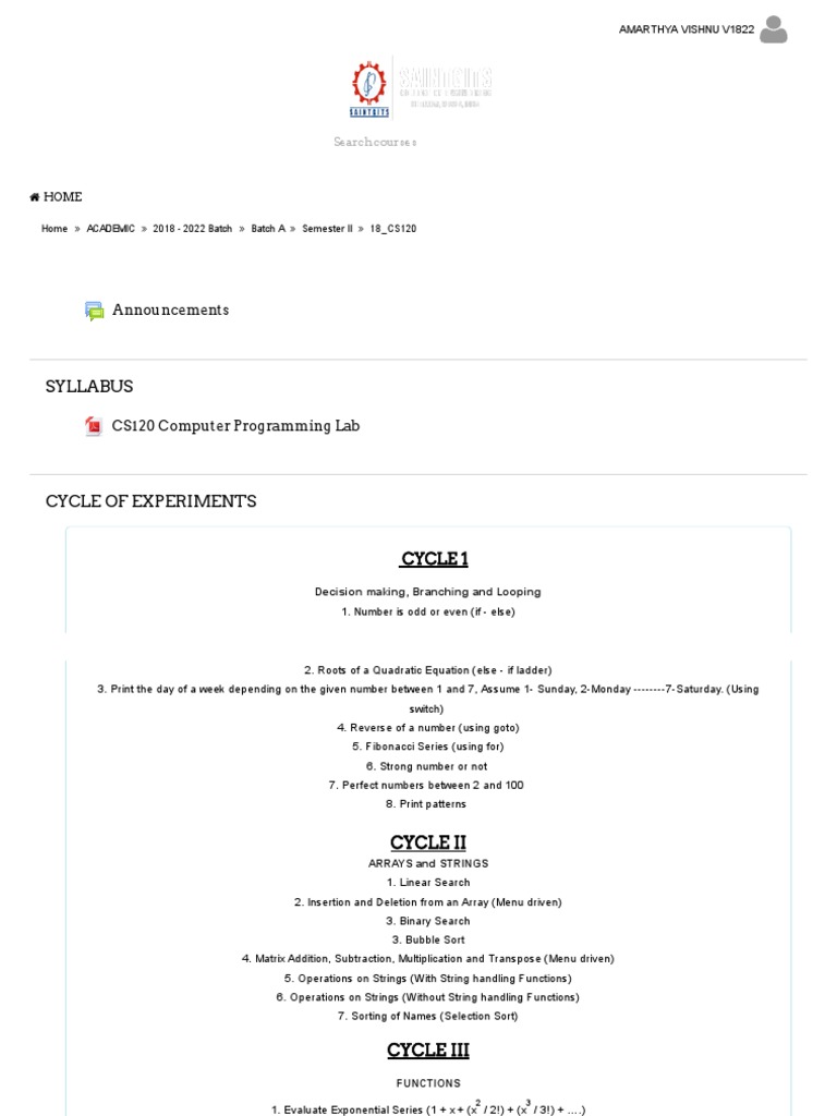 Course - CS 120 Computer Programming Lab | PDF | Matrix (Mathematics ...