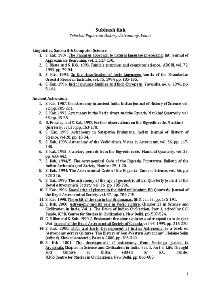Subhash Kak: Papers on Ancient Astronomy | PDF | Vedas | Religion And ...