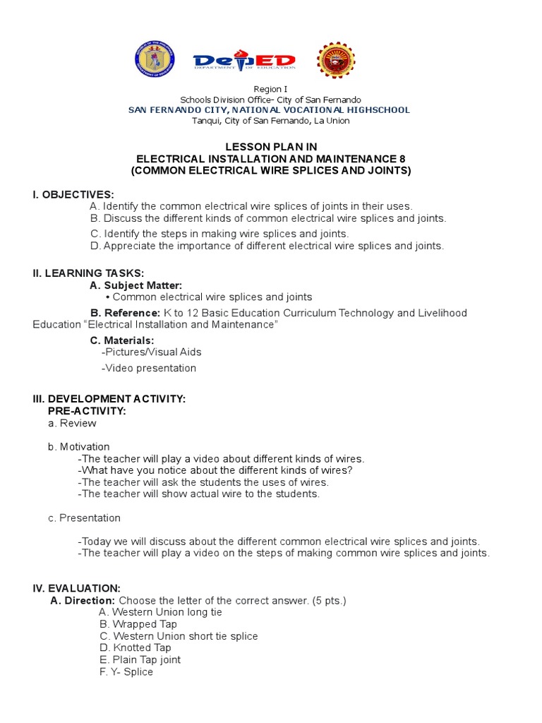 Lesson Plan in Electrical Installation and Maintenance 8 (Common ...