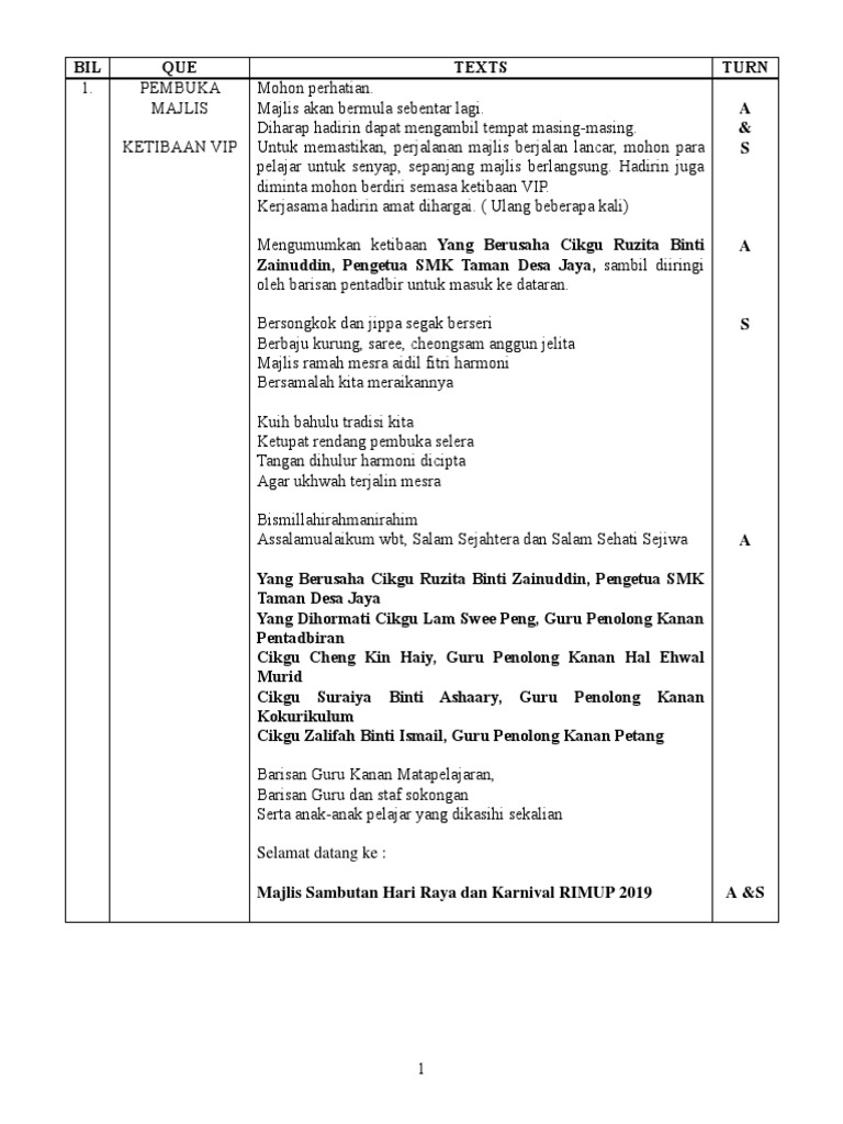 Emcee Script Sambutan Hari Raya Dan Karnival Rimup | PDF