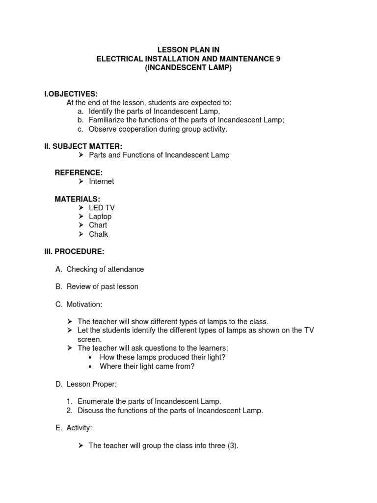 Lesson Plan in Electrical Installation and Maintenance 9 (Incandescent ...