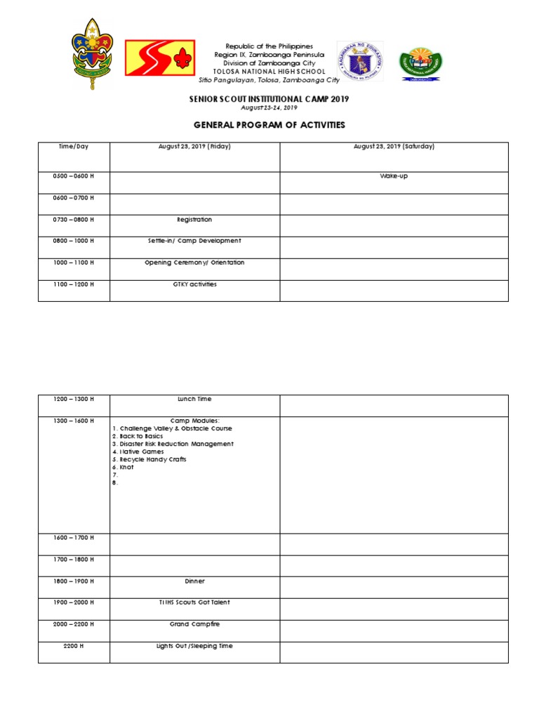 General Program of Activities: Senior Scout Institutional Camp 2019 | PDF