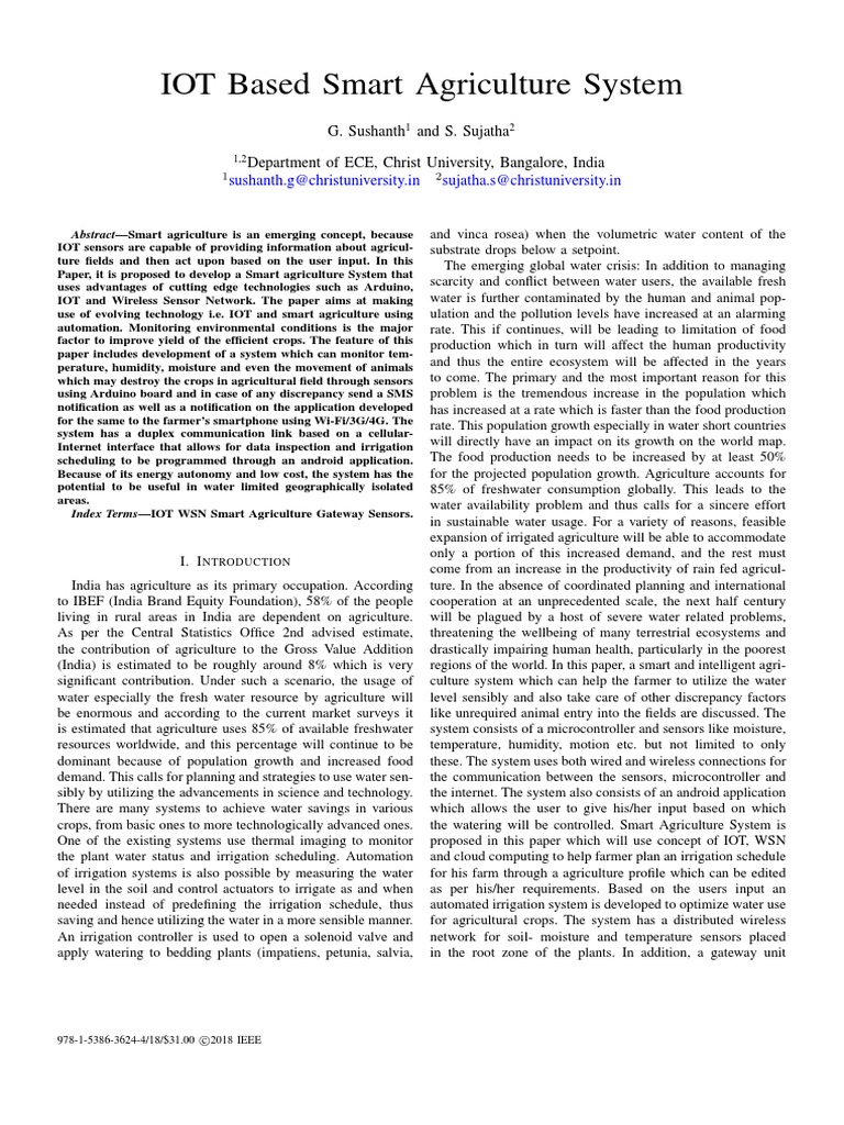 IOT Based Smart Agriculture System: Sushanth.g@christuniversity - in Sujatha.s@christuniversity ...