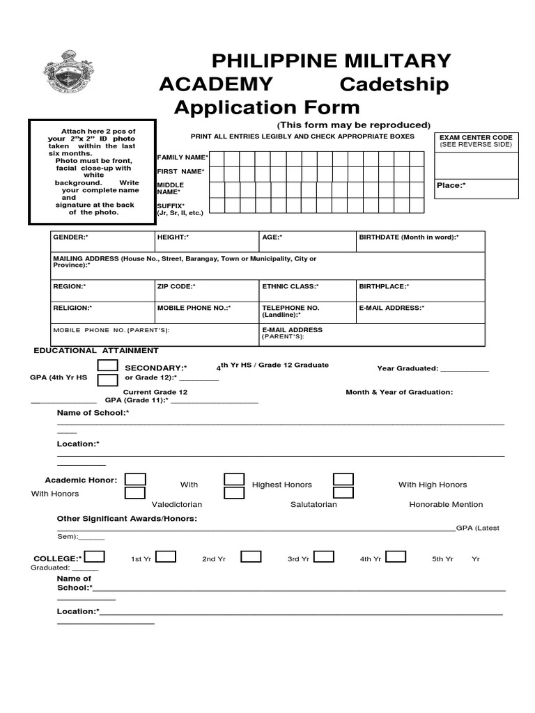 Philippine Military Academy Cadetship Application Form: This Form May ...