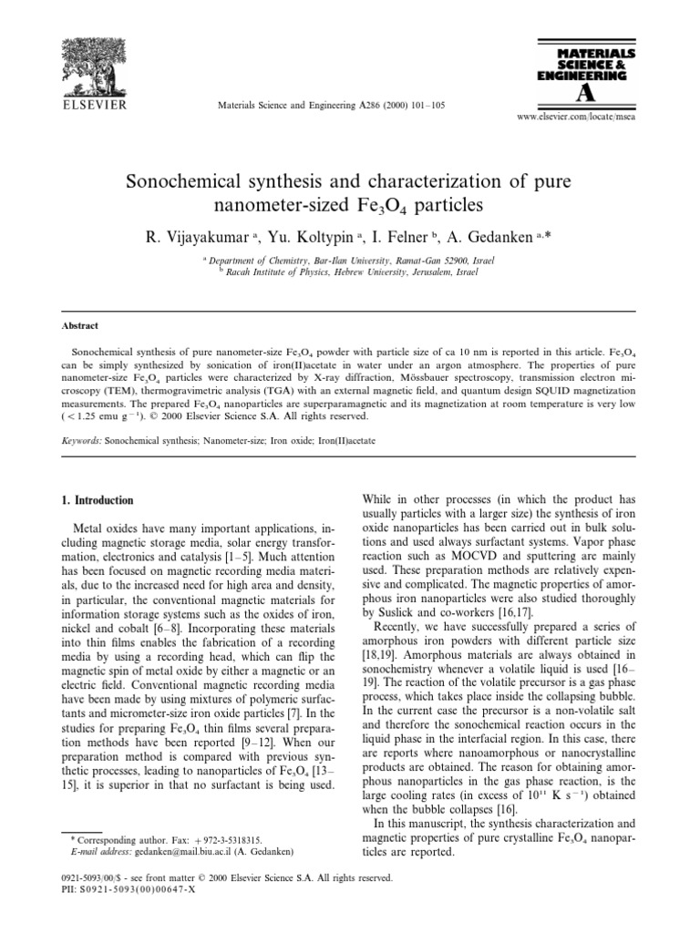 Sonochemical Synthesis and Characterization of Pure Nanometer-Sized Fe O Particles | PDF ...