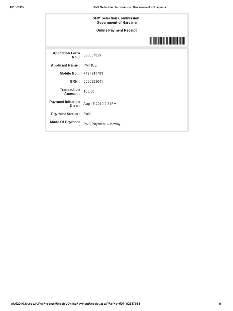 Haryana SSC Online Payment Receipt | PDF