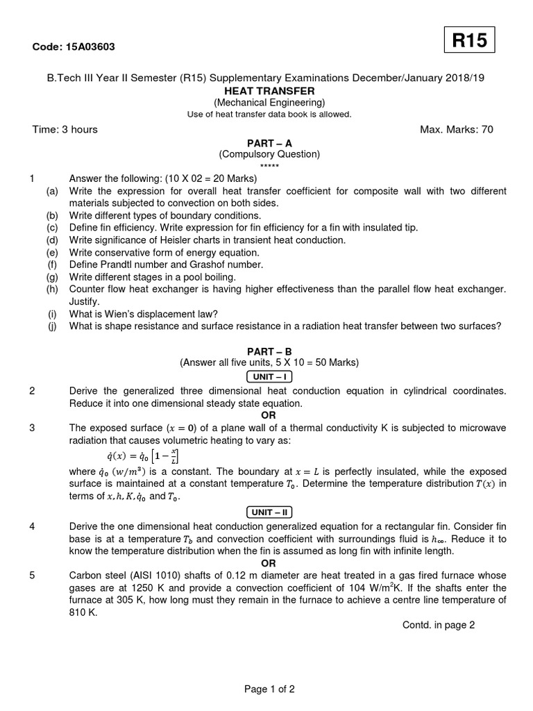 Jntua r15 Engineering H.T. Previous Question Paper | PDF | Heat ...