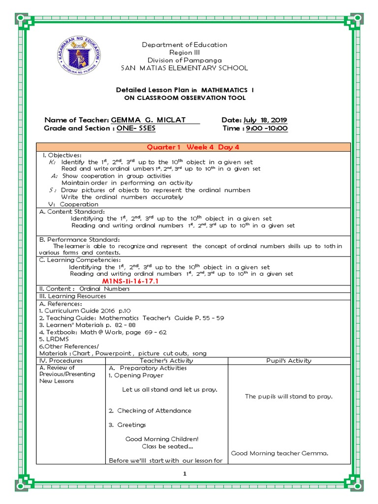 Grade 1 Ordinal Numbers Lesson Plan | PDF | Teachers | Lesson Plan