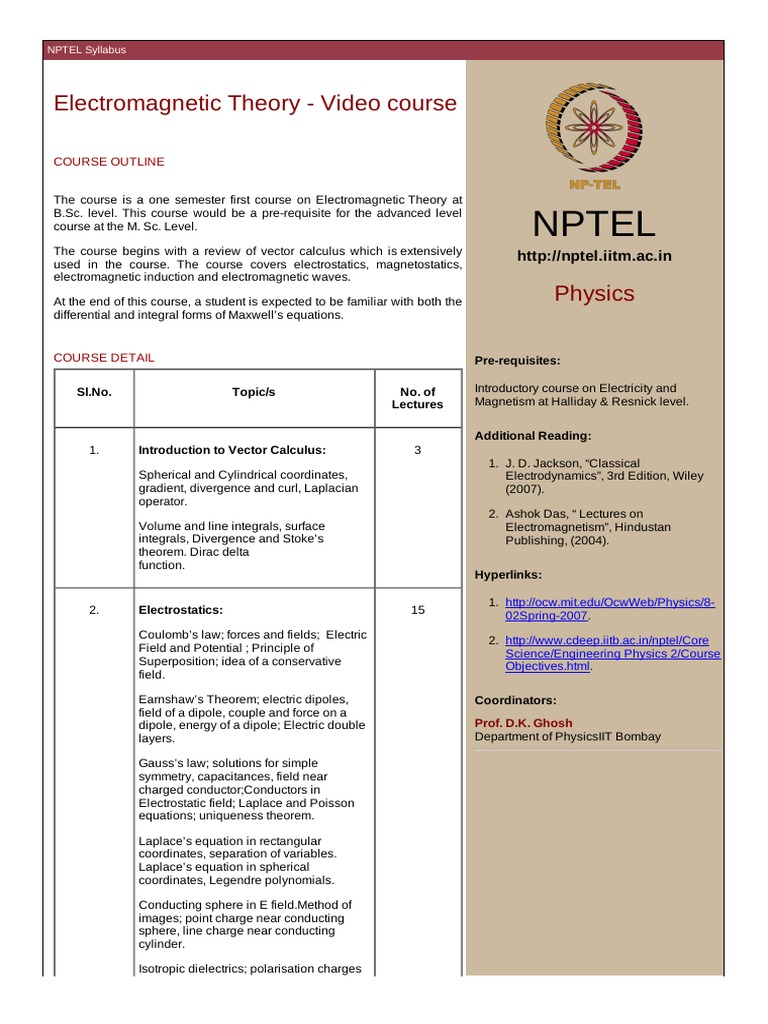 Nptel: Electromagnetic Theory - Video Course | PDF | Magnetic Field ...