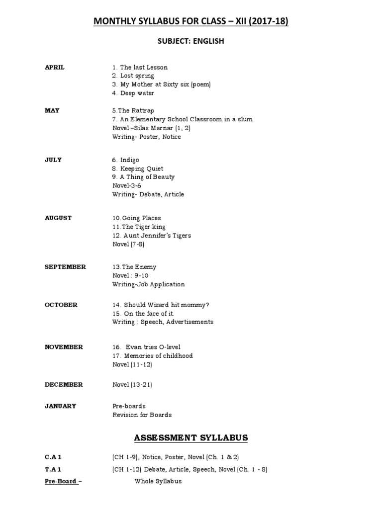 Monthly Syllabus For Class - Xii (2017-18) : Subject: English | PDF ...