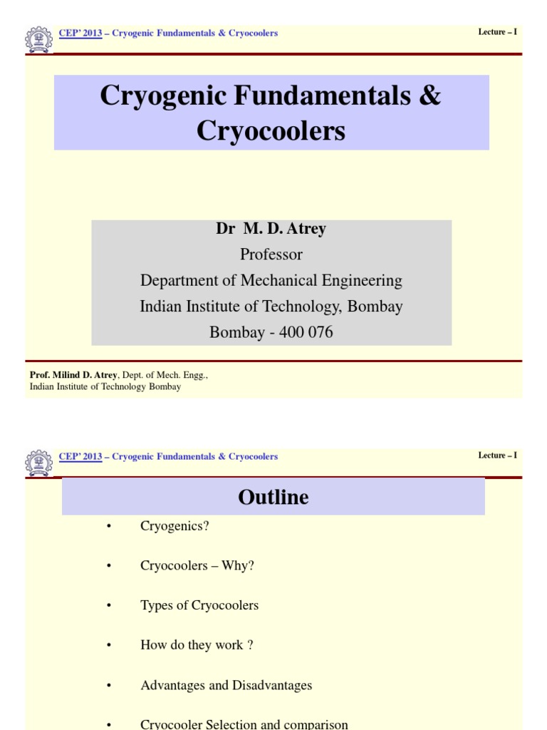 Lect - I - Cryogenic Fundamentals & Cryocoolers - MDA I | PDF | Cryogenics | Superconductivity