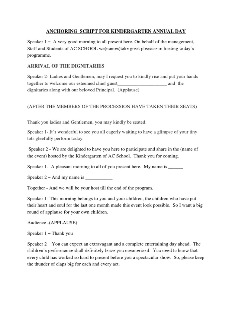 Anchoring Script For Kindergarten Annual Day | PDF | Atmosphere Of ...
