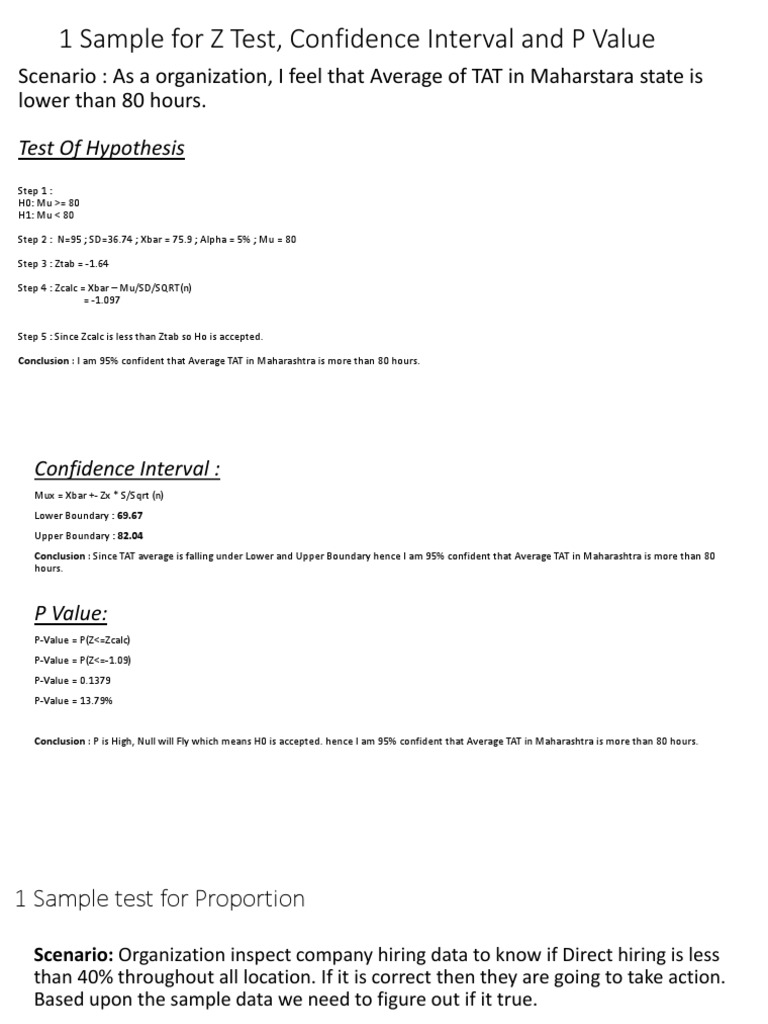 1 Sample For Z Test, Confidence Interval and P Value | PDF