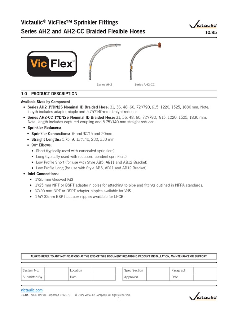 Victaulic Vicflex™ Sprinkler Fittings Series Ah2 and Ah2-Cc Braided ...