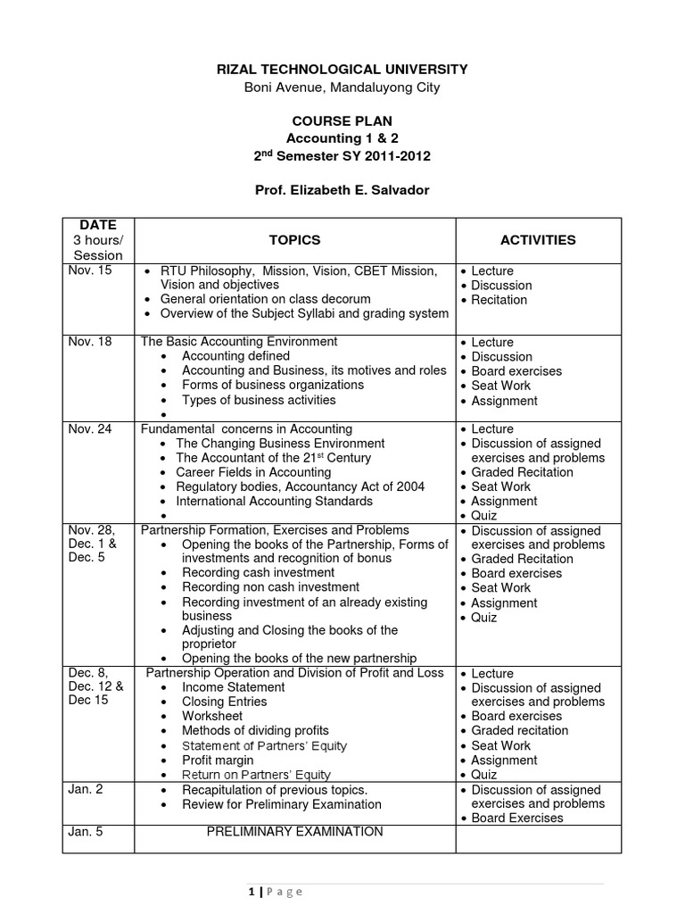 RTU Course Plan for Accounting 1 & 2: A Comprehensive Schedule of ...