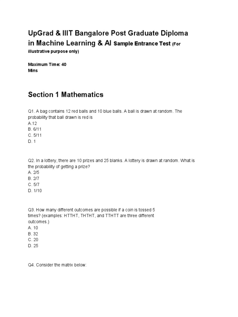 Machine Learning Sample Entrance Test Paper | PDF | Decimal | Numbers