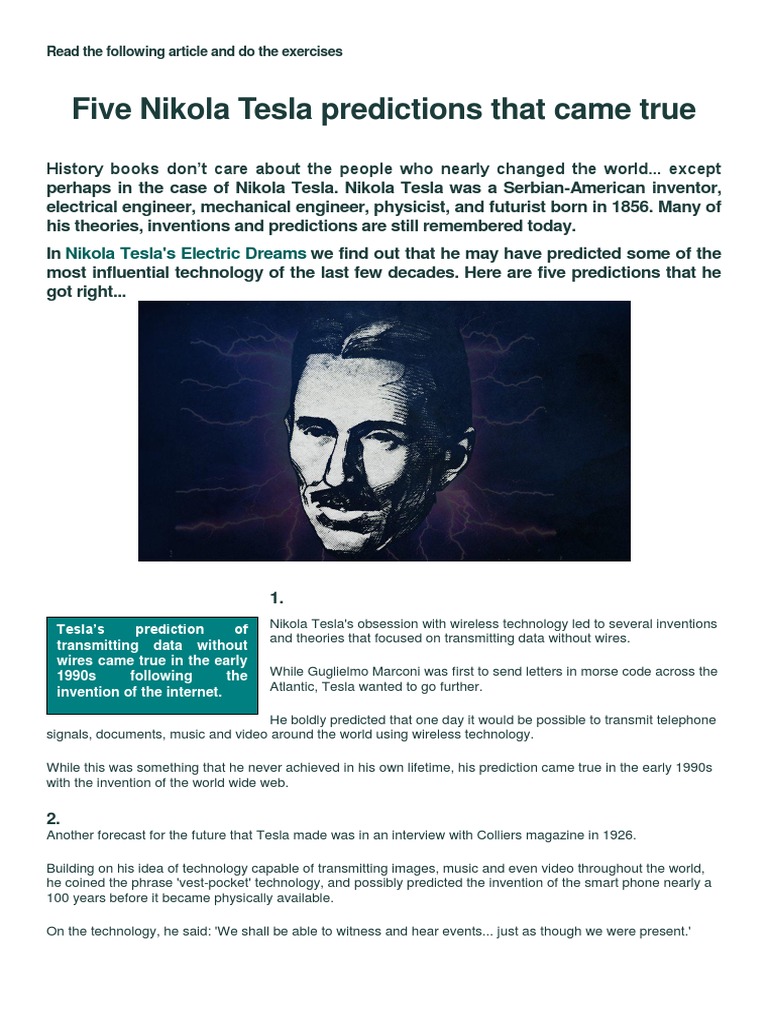 Reading Comprehension Activity Nikola Teslas Predi Oneonone Activities ...