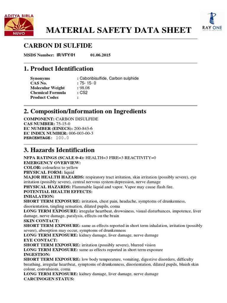 MSDS - CS2-2015 | PDF | Dangerous Goods | Hazardous Waste
