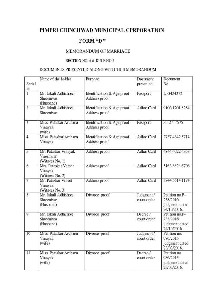 PCMC Form D Marriage Memorandum | PDF | Identity Document | Passport