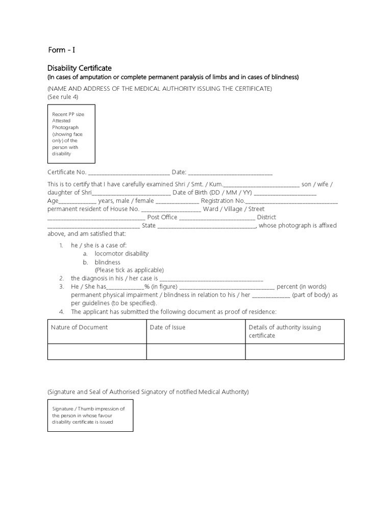Disability Certificate Form - I: Recent PP Size Attested Photograph ...