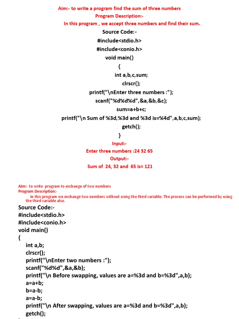 Aim:-To Write A Program Find The Sum of Three Numbers Program ...