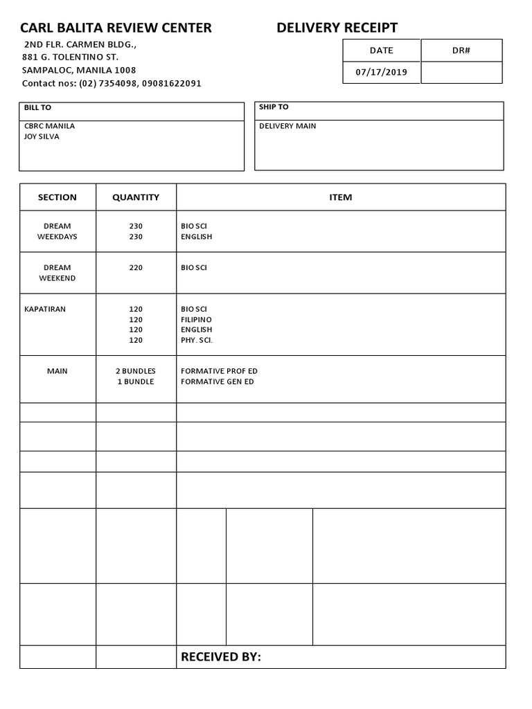 Carl Balita Review Center: Delivery Receipt | PDF