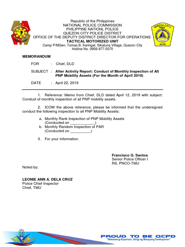 Conduct of Monthly Inspection of All PNP Mobility Assets | PDF
