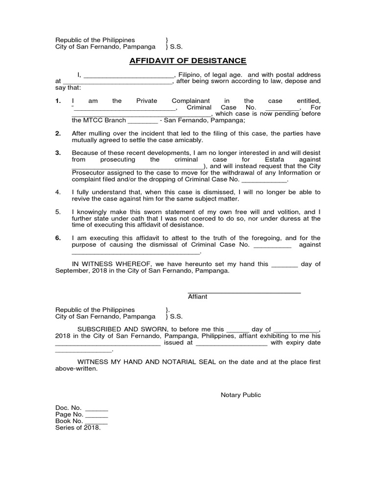 Affidavit of Desistance Sample Form | PDF | Affidavit | Social Institutions