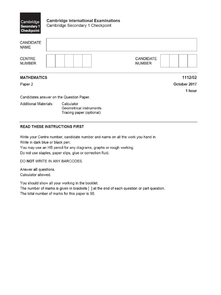 Secondary Checkpoint - Mathematics (1112) October 2017 Paper 1 | PDF