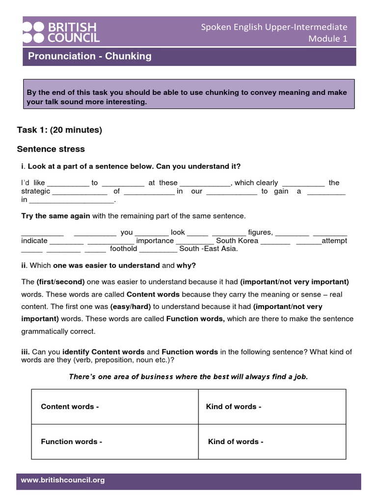 Pronunciation - Chunking: Task 1: (20 Minutes) Sentence Stress | PDF ...